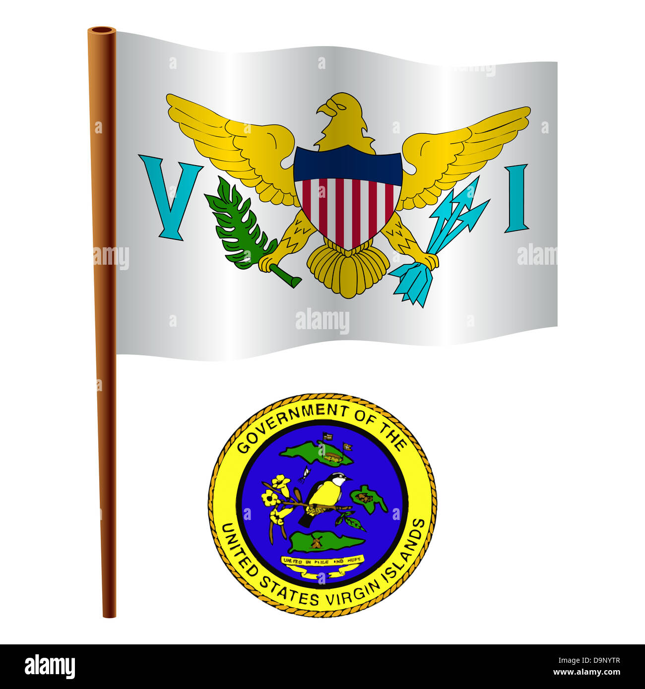 virgin islands wavy flag and coat of arm against white background ...