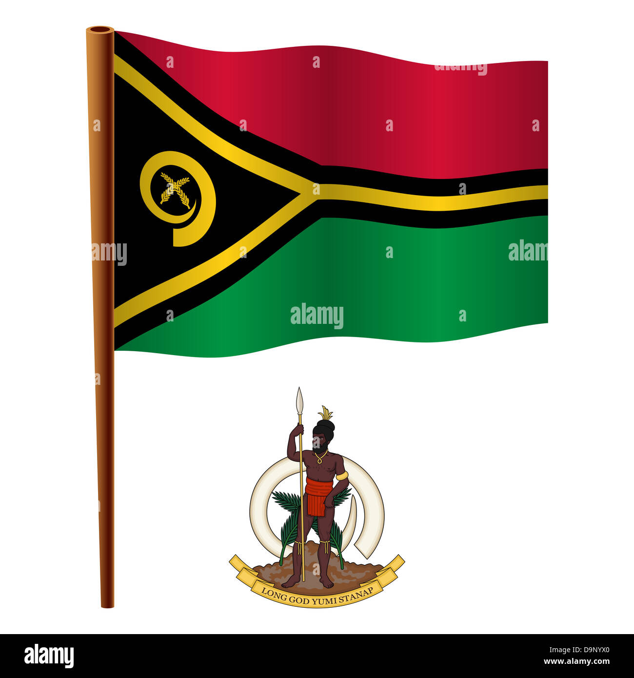 vanuatu wavy flag and coat of arm against white background, vector art ...