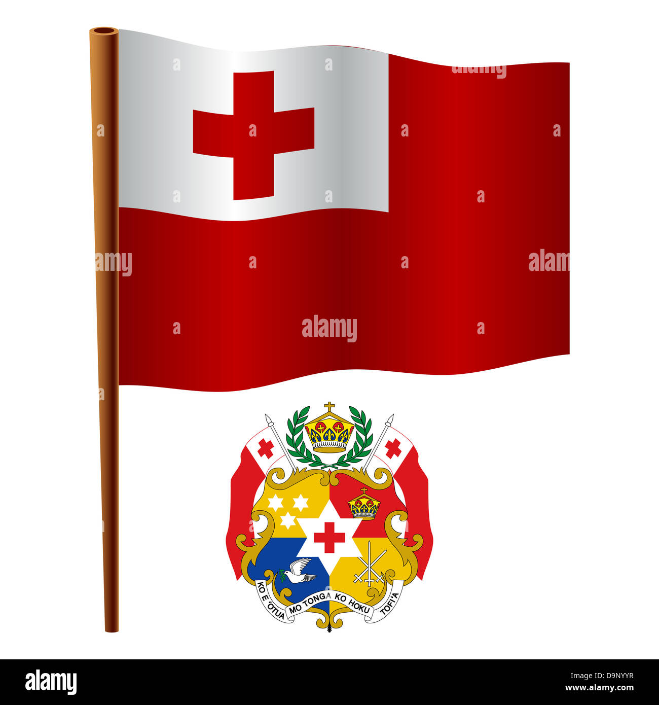 tonga wavy flag and coat of arm against white background, vector art ...