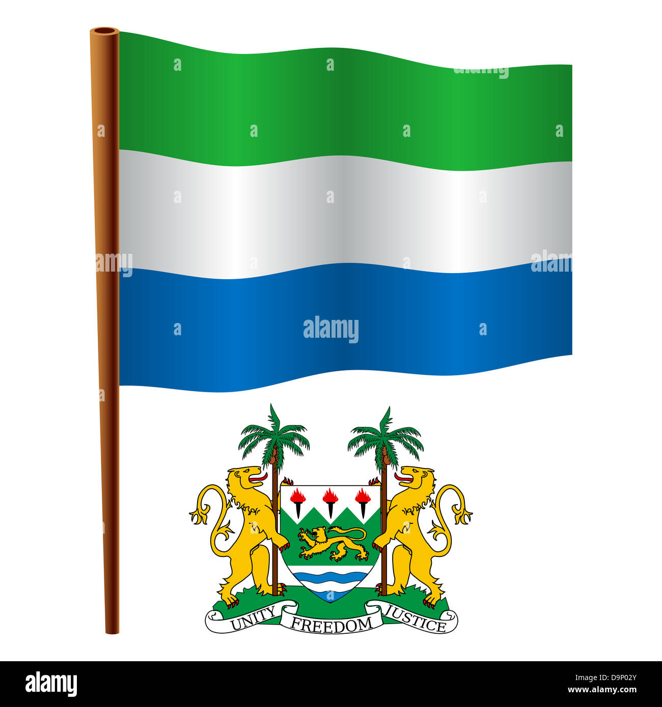 sierra leone wavy flag and coat of arm against white background, vector ...