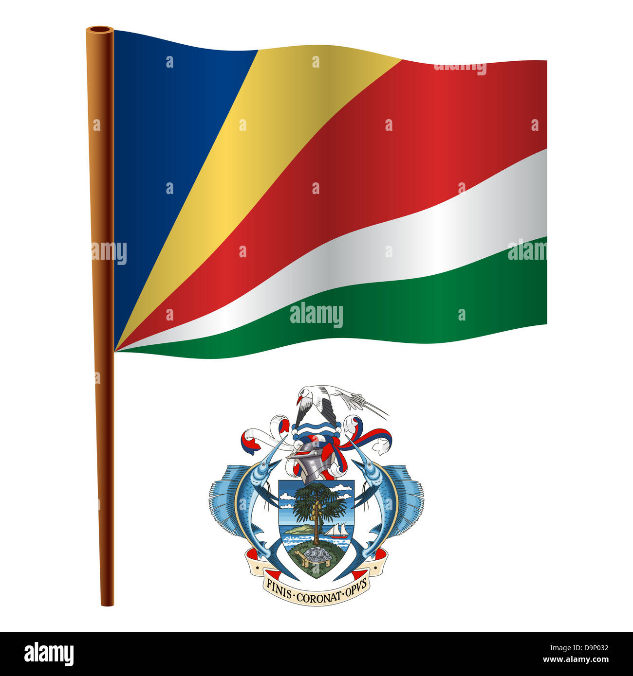 seychelles wavy flag and coat of arm against white background, vector ...