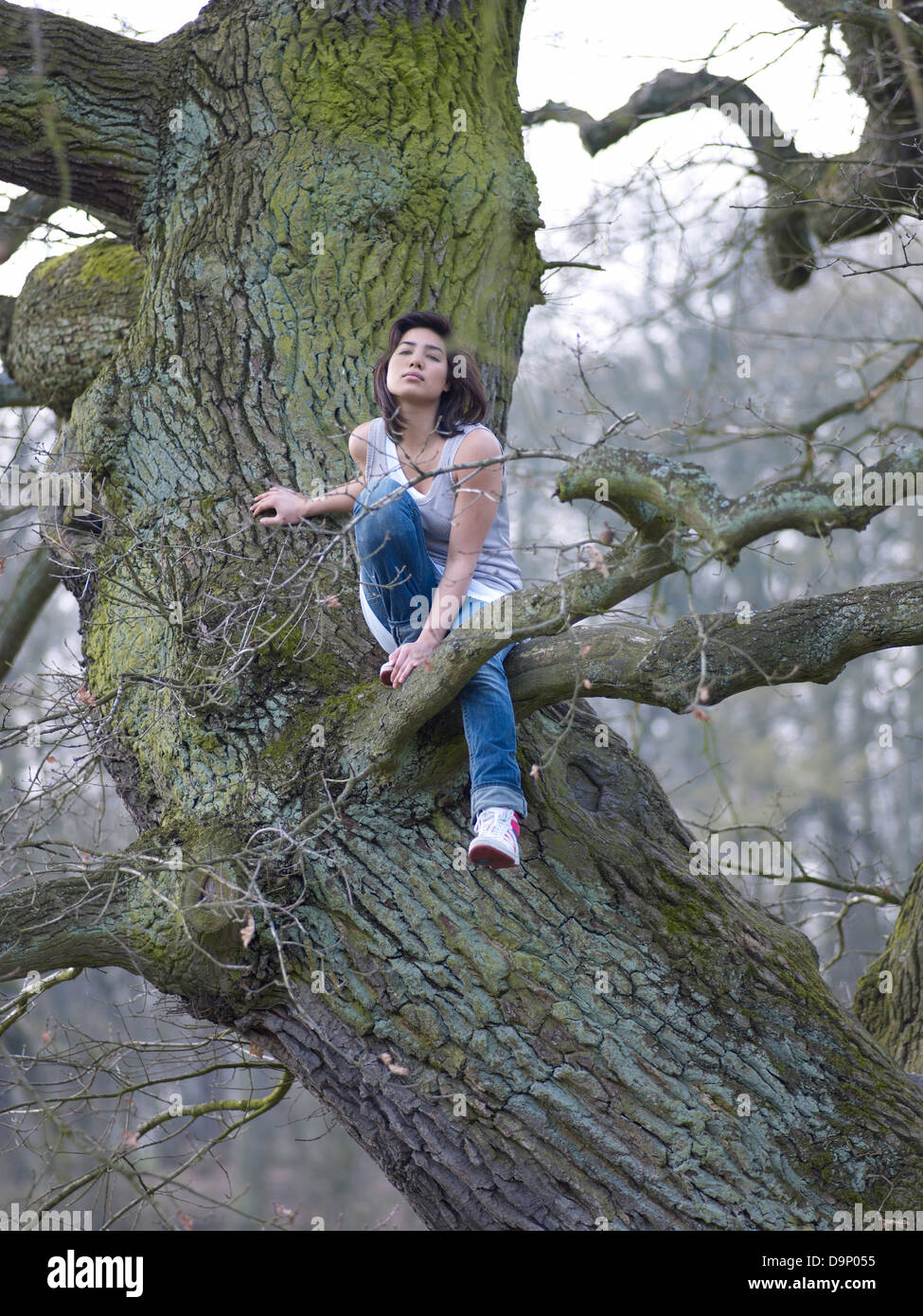 Dark-haired woman sitting in tree Stock Photo - Alamy