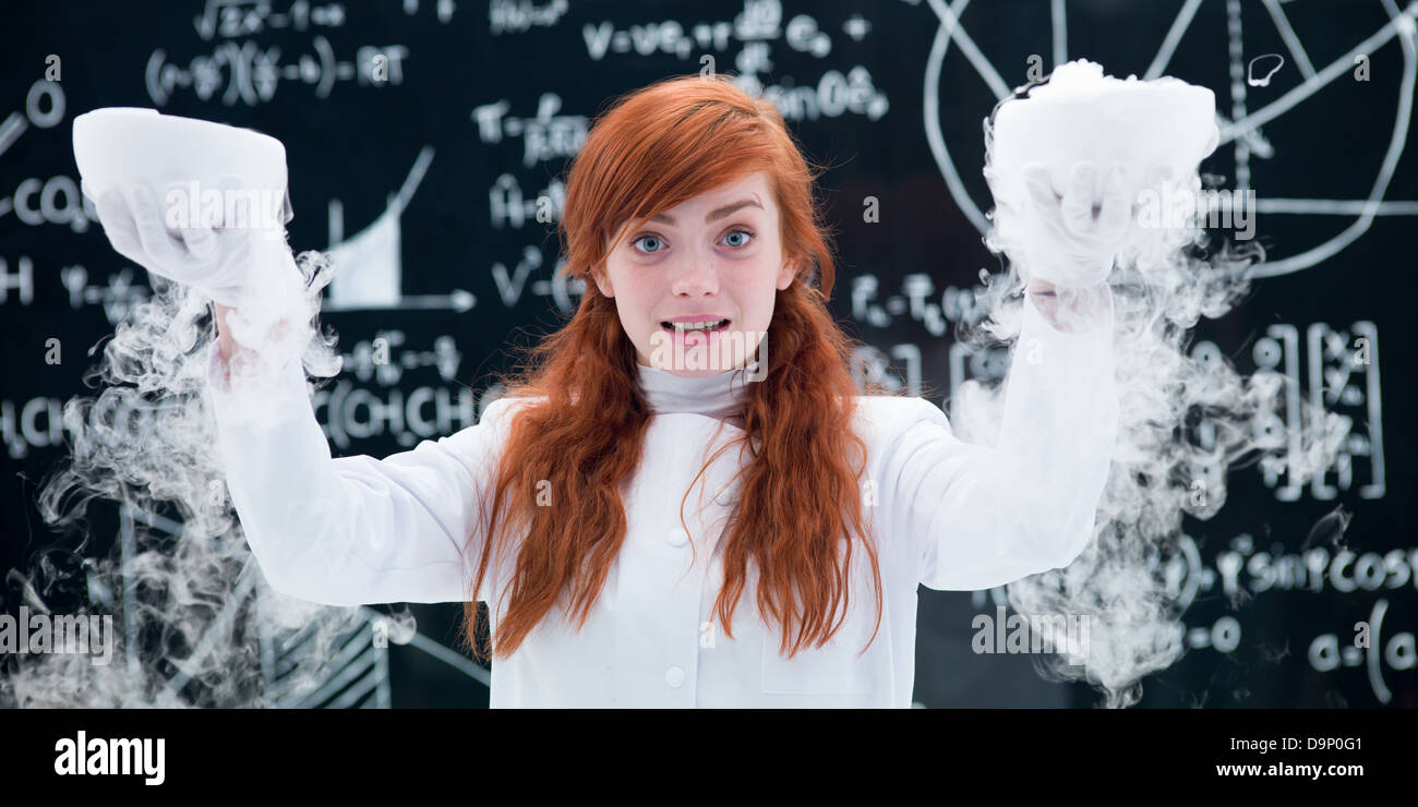 close-up of a girl student in a chemistry lab conducting a magical gas ...