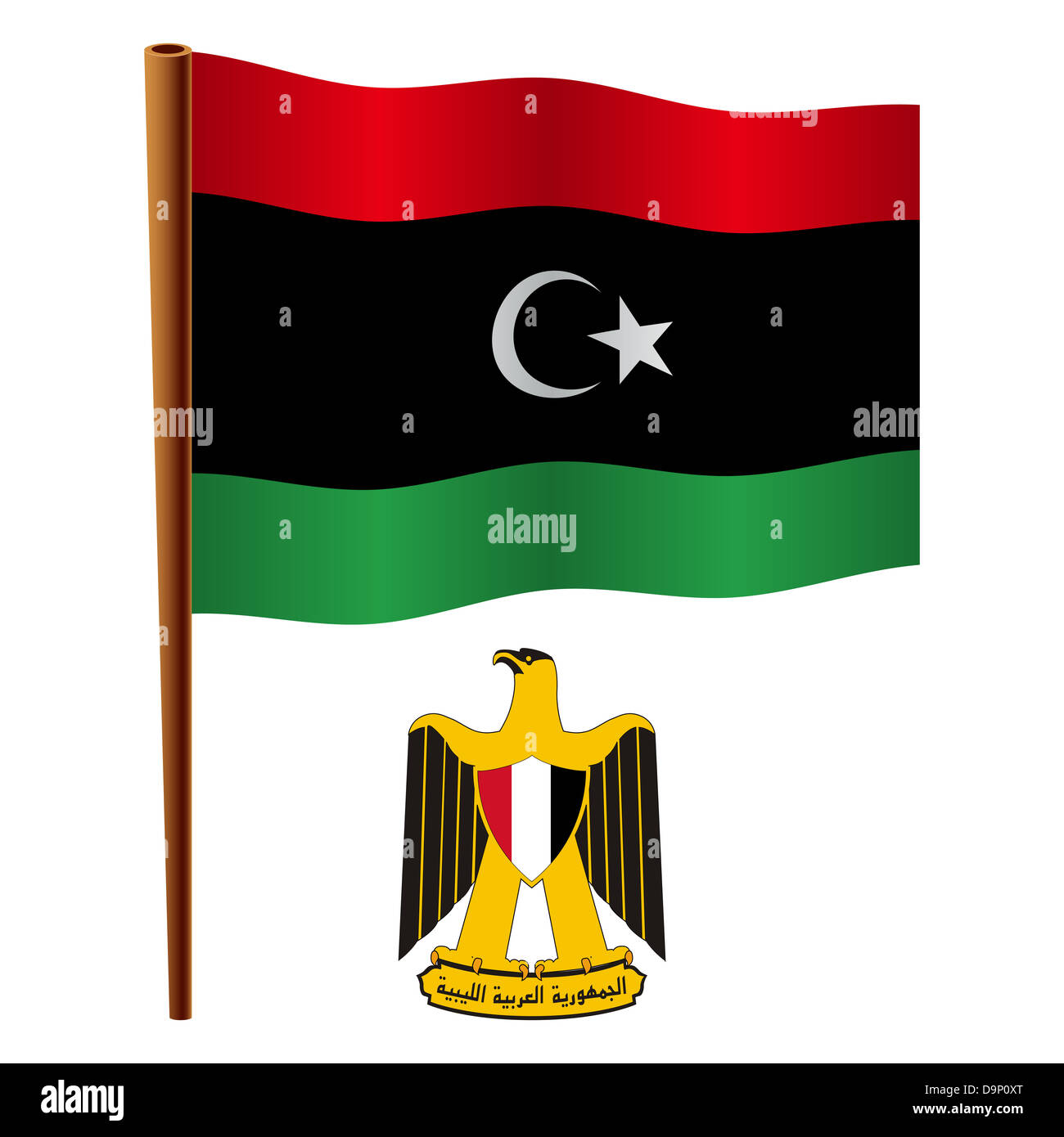 libya wavy flag and coat of arm against white background, vector art ...
