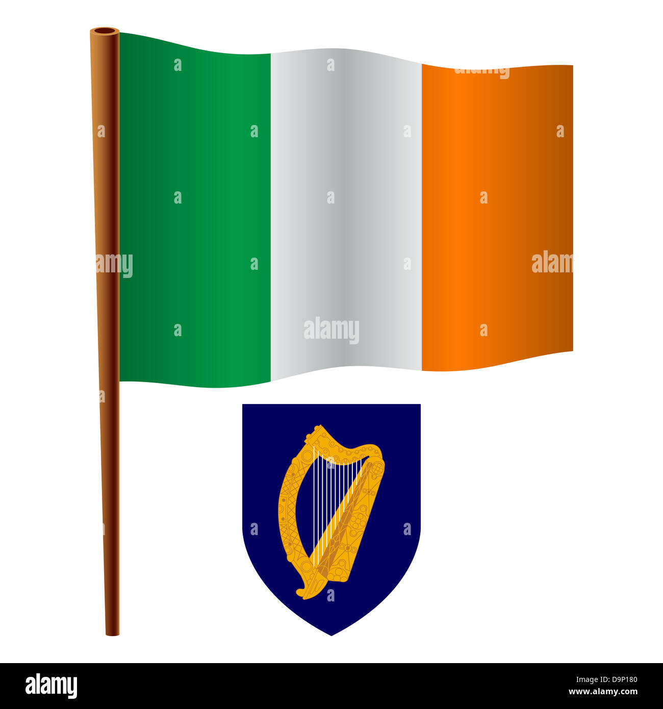 ireland wavy flag and coat of arms against white background, vector art ...