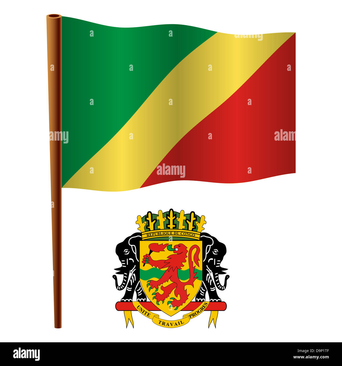 republic of the congo wavy flag and coat of arms against white ...