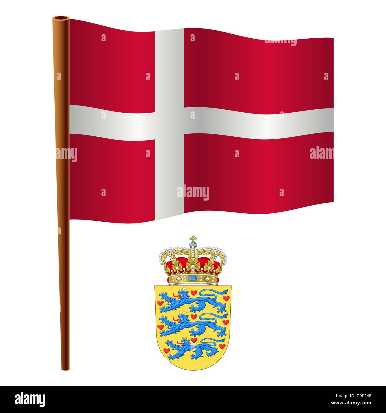 denmark wavy flag and coat of arms against white background, vector art ...
