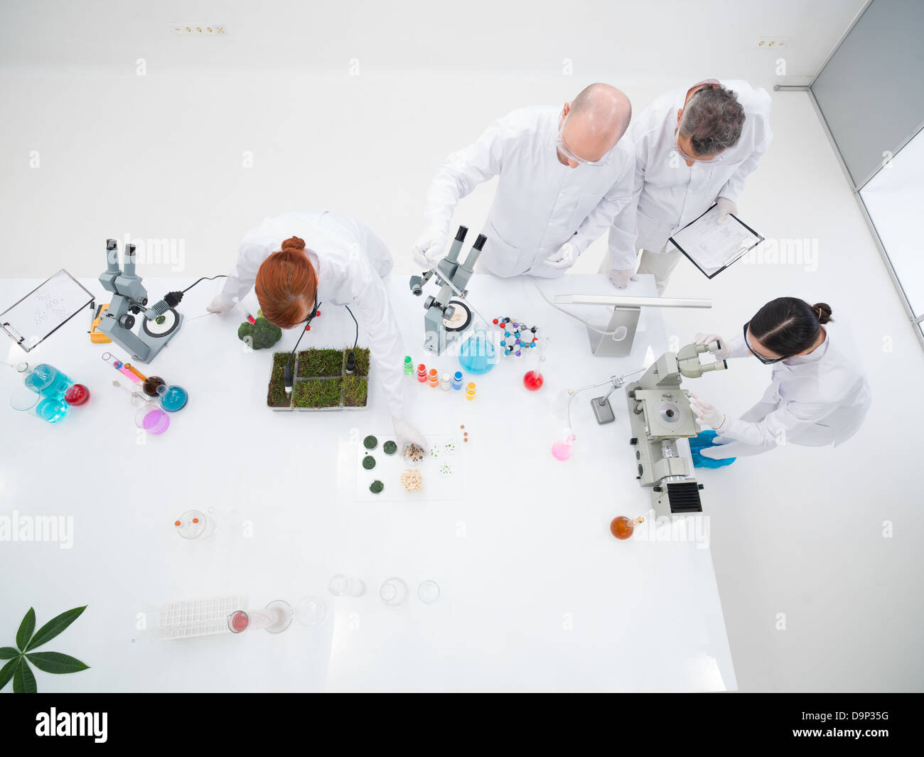 bird-eye of two teachers people in a chemistry lab supervising two ...