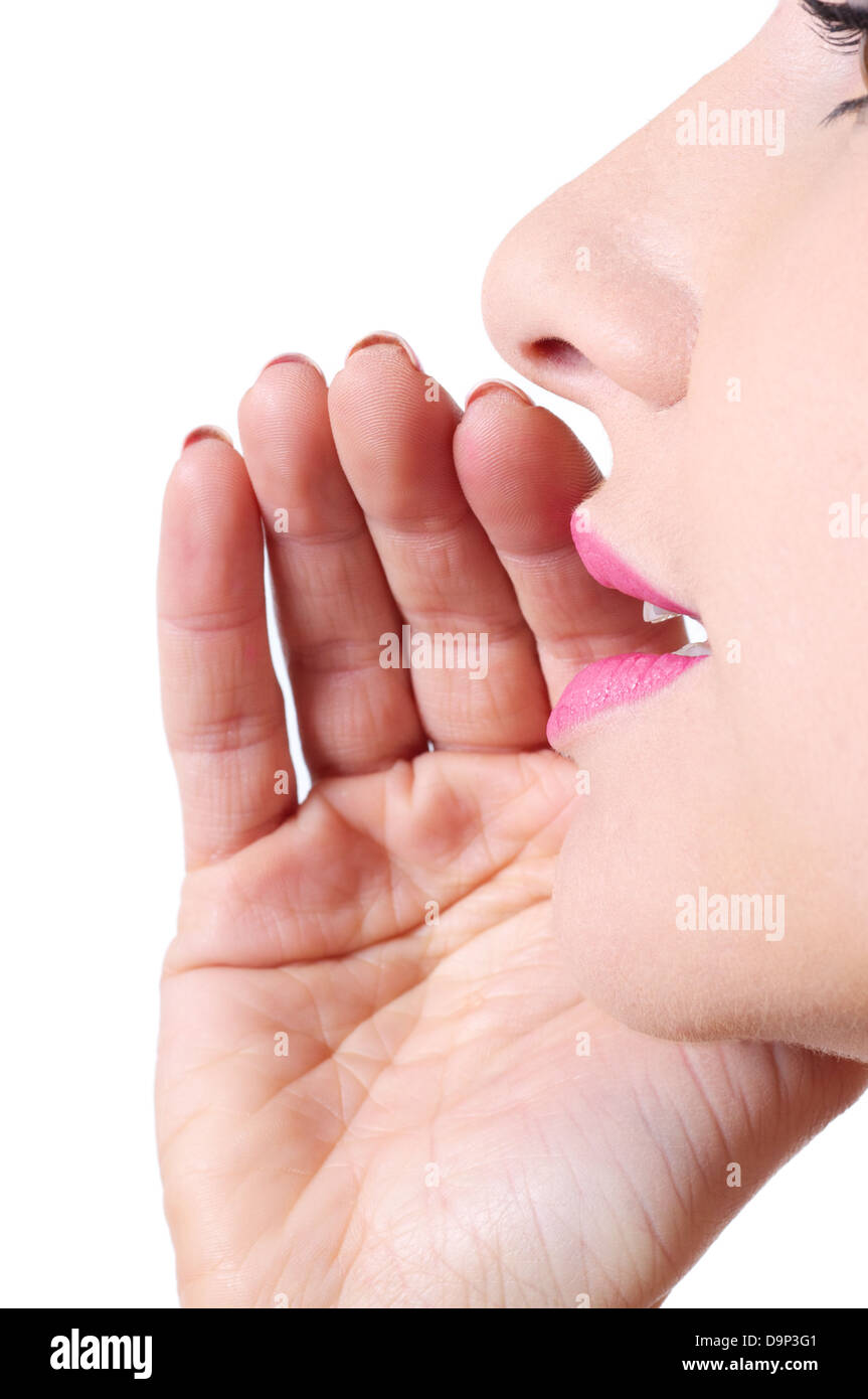 A woman try to whisper gesture Stock Photo - Alamy