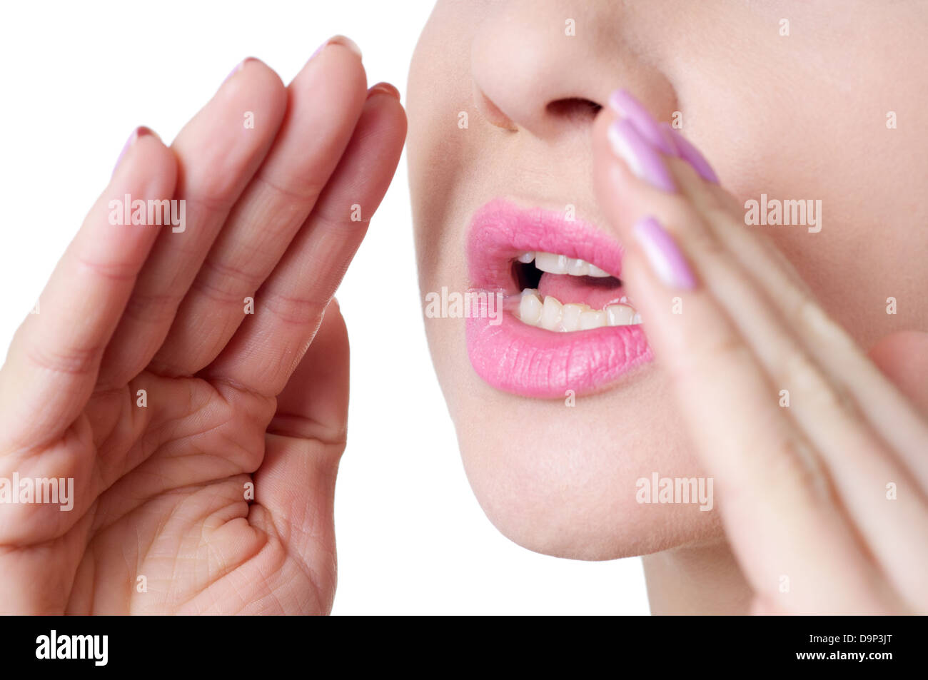 Close up of woman shouting in white background Stock Photo - Alamy