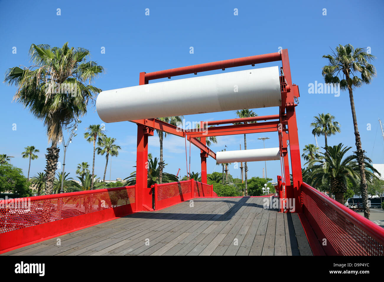 Red bridge on the waterfront, Barcelona, Spain Stock Photo - Alamy