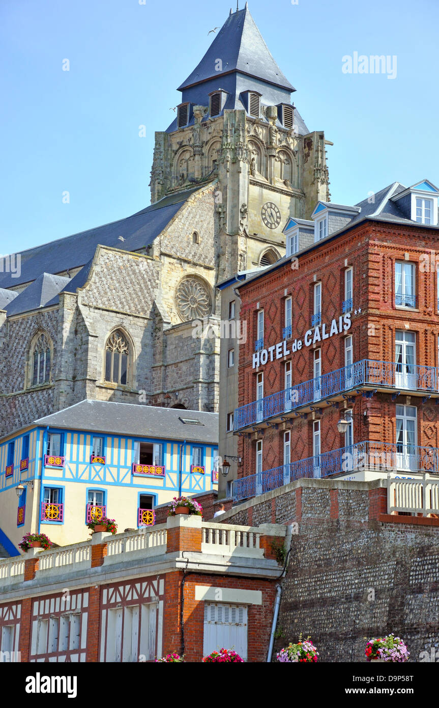 The old church and a hotel at Le Tréport, on the northern coast of ...