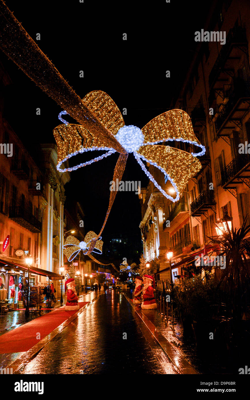 Christmas decorations o at night over street in Nice French Riviera ...