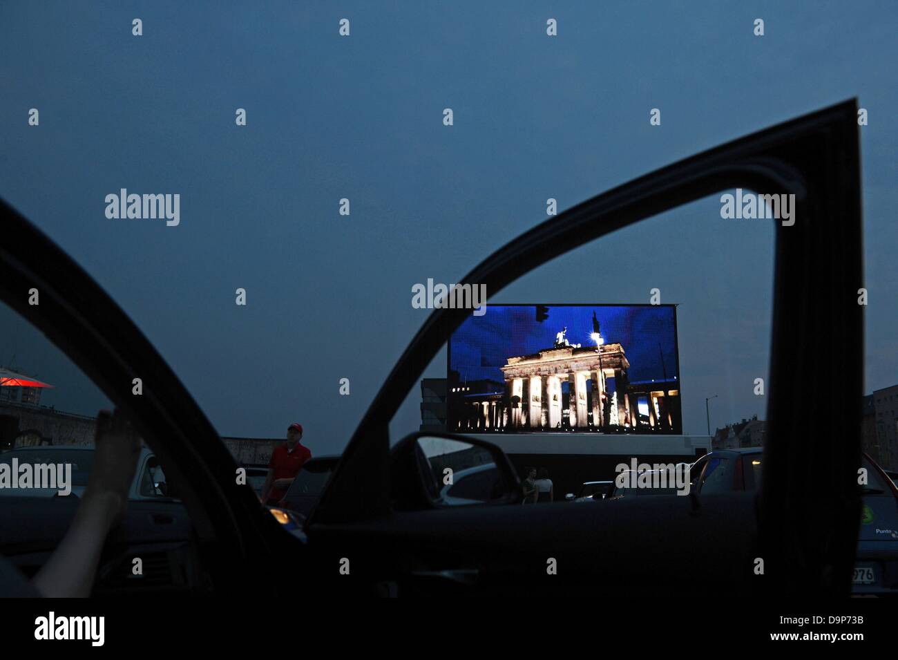 Cars are parked at the drive-in theatre Audi Urban Cinema situated at ...