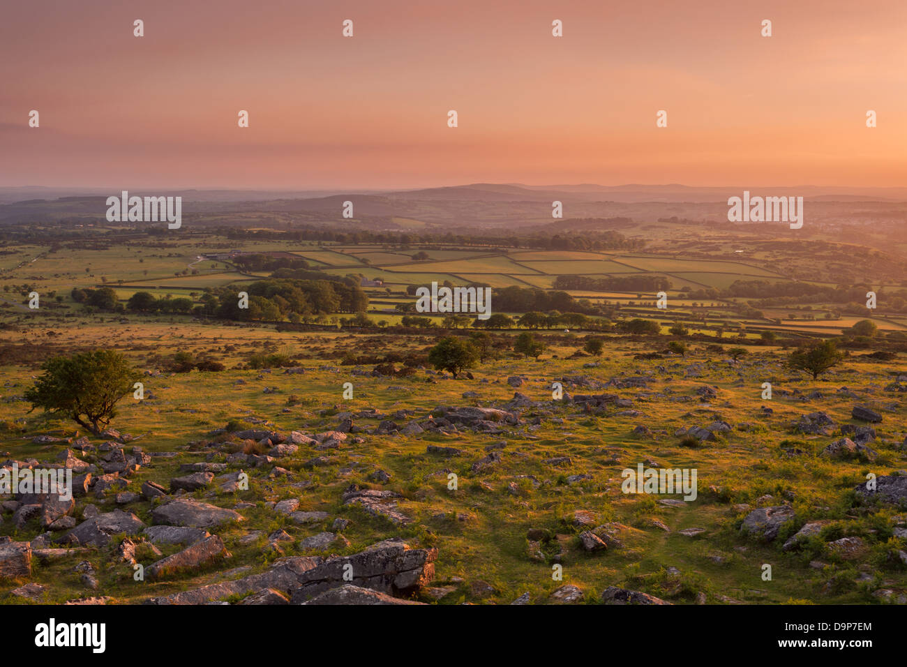 Sunset from Pew Tor with views over the Devon countryside. Dartmoor ...