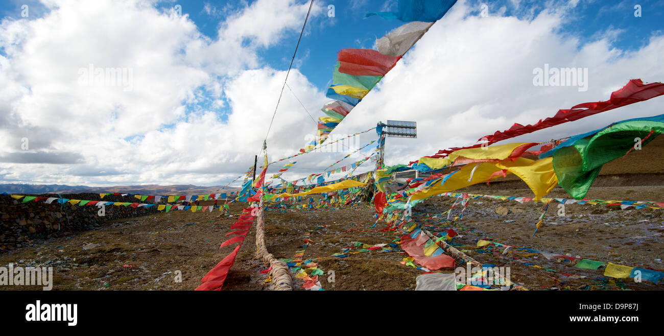 Tibetan Landscape with religious flag in the Gansu province China Stock ...