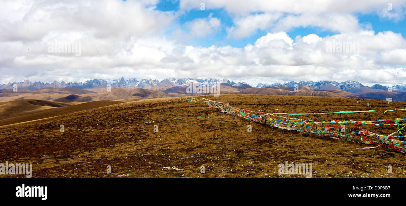 Tibetan Landscape with religious flag in the Gansu province China Stock ...