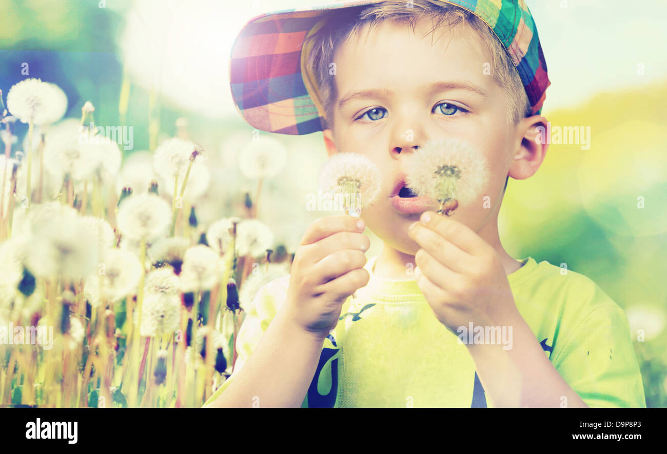 Cute kid staring at dandelions Stock Photo - Alamy