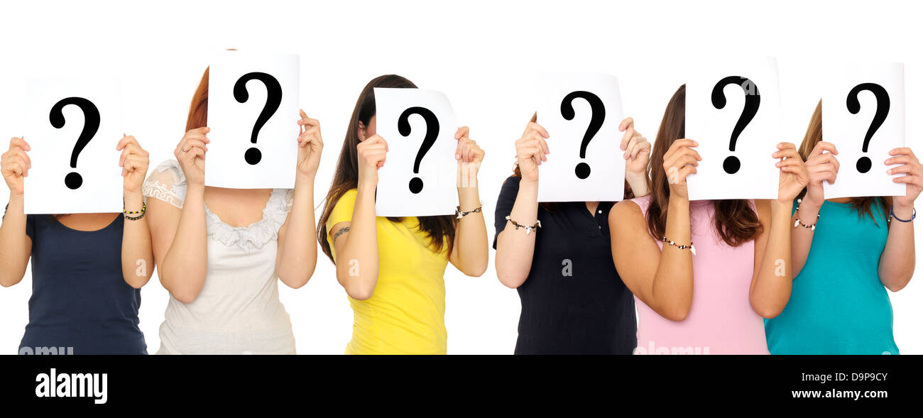 six girls holding question mark sign in front her face Stock Photo - Alamy