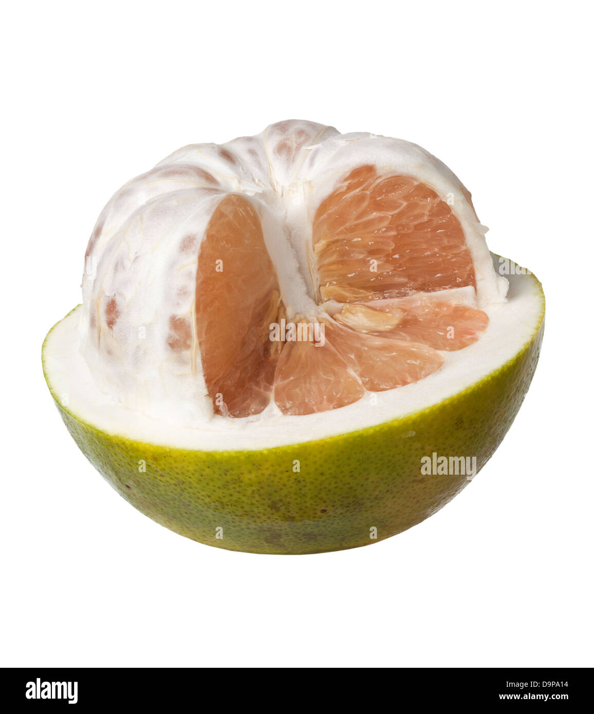 Half peeled pomelo with part of the tough outer skin removed isolated ...