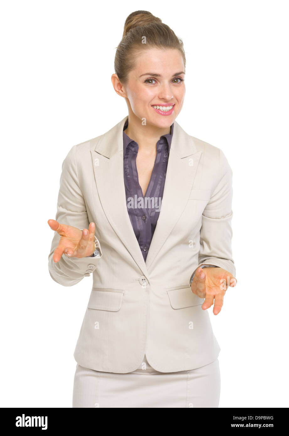 Happy business woman explaining something Stock Photo - Alamy