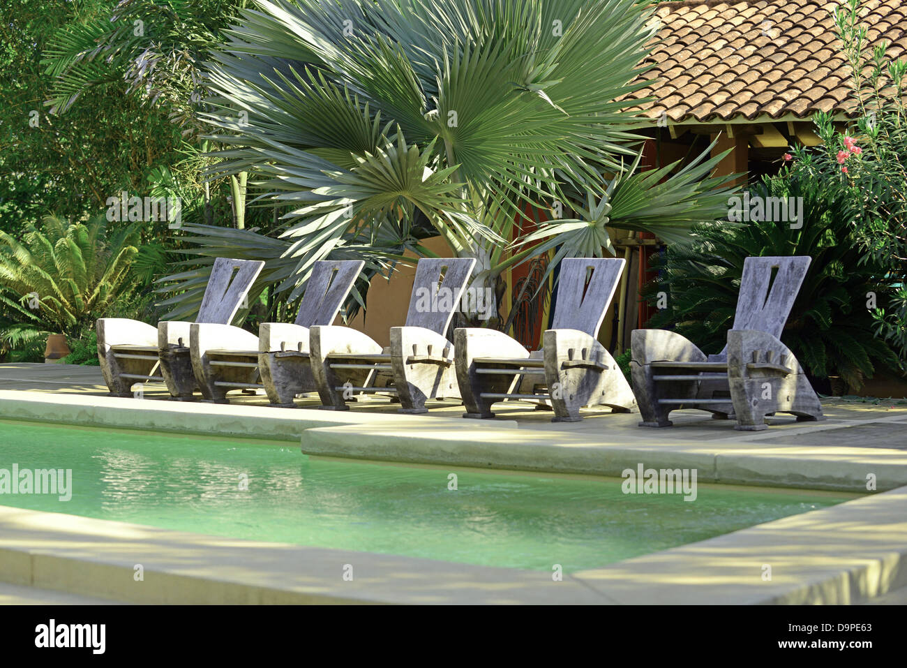 line of pool chairs at resort in a tropical location Stock Photo - Alamy
