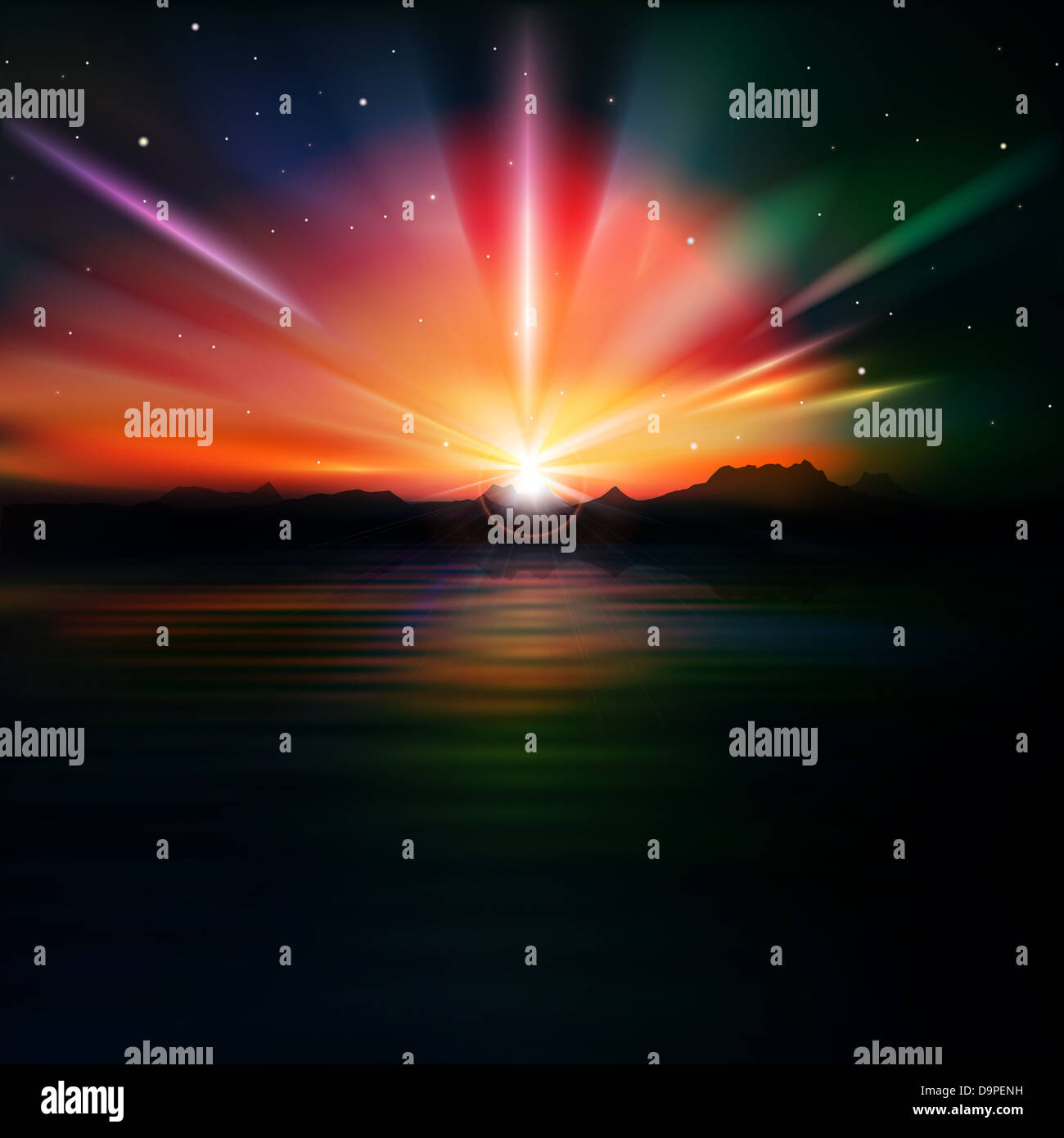 abstract red sunrise background with mountains and stars Stock Photo ...