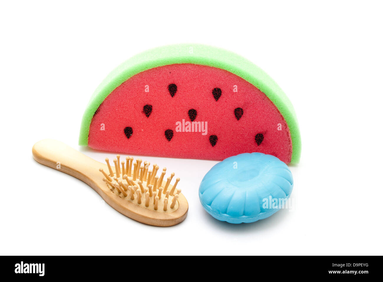 Bath Sponge with massage brush and blue soap Stock Photo - Alamy