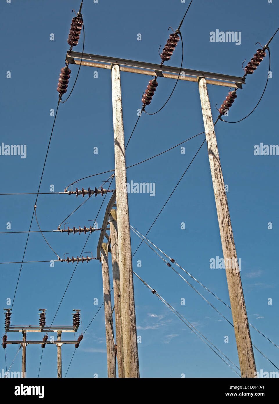 wood pylons carrying high voltage cables, electricity for domestic ...
