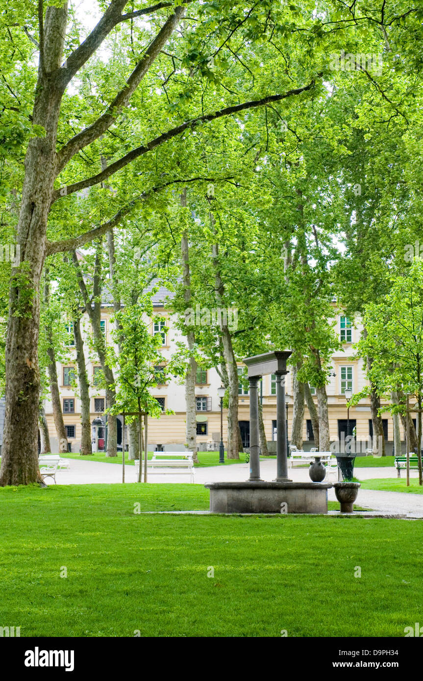 Congress Square outdoor garden park with fountain statue Ljubljana ...