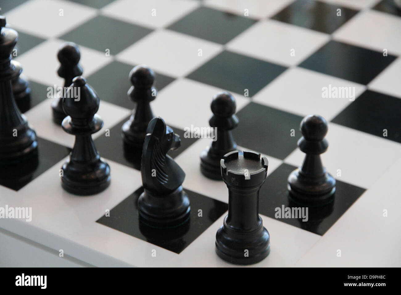 This image features a classic chess game setup with a black-and-white ...