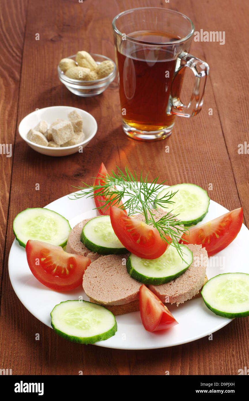 Sandwich with liver sausage, cucumber, tomato and cup tea Stock Photo ...