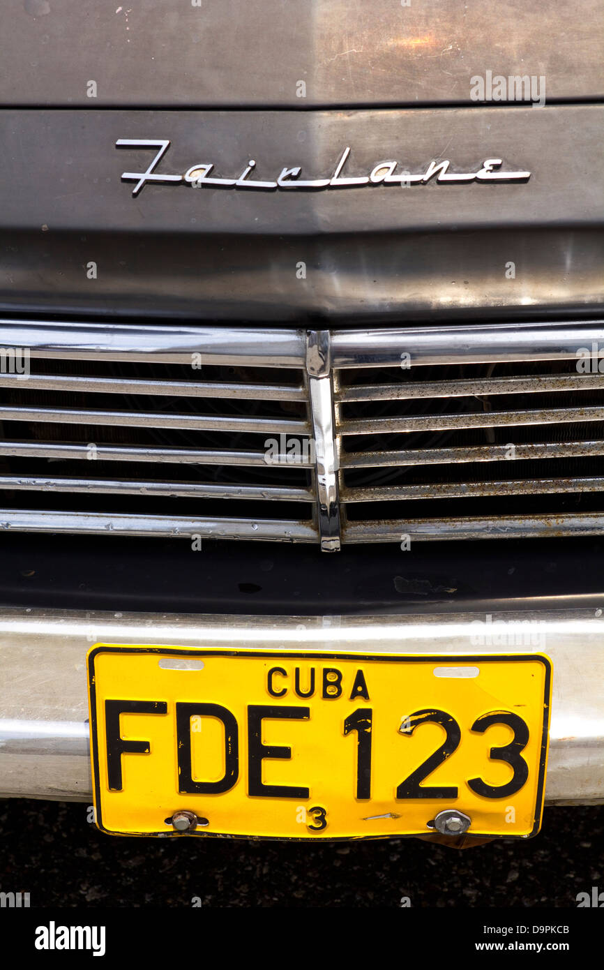 Close up, frontal view of a Classical American car with 'Cuba Havana ...