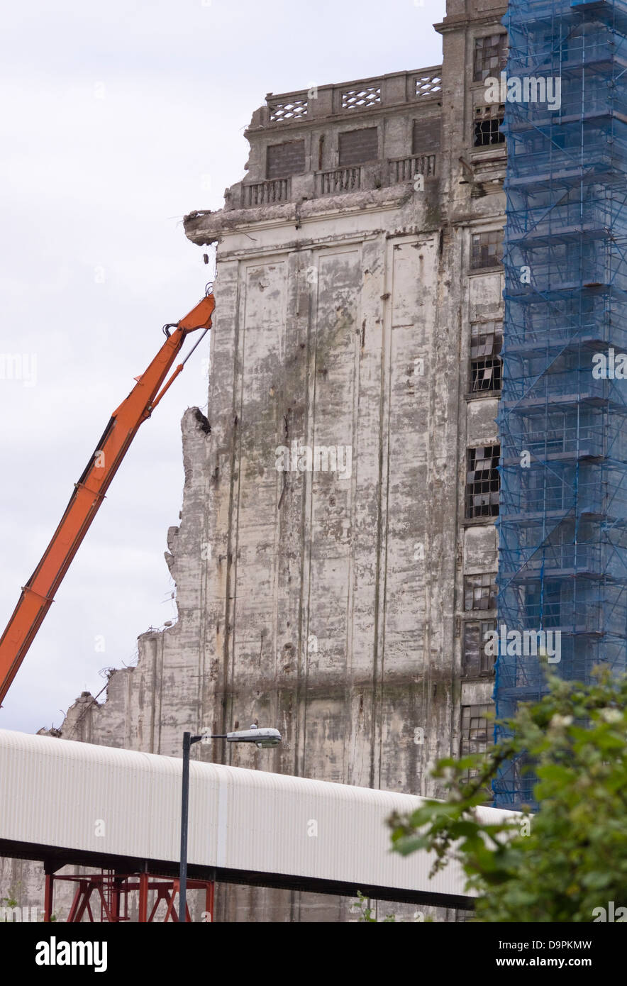Demolition by crane of the CWS Grain solos at Avonmouth Bristol Stock ...