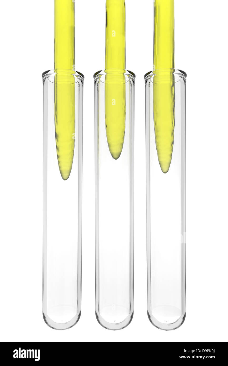 yellow liquid flows in three test tubes on white background Stock Photo ...
