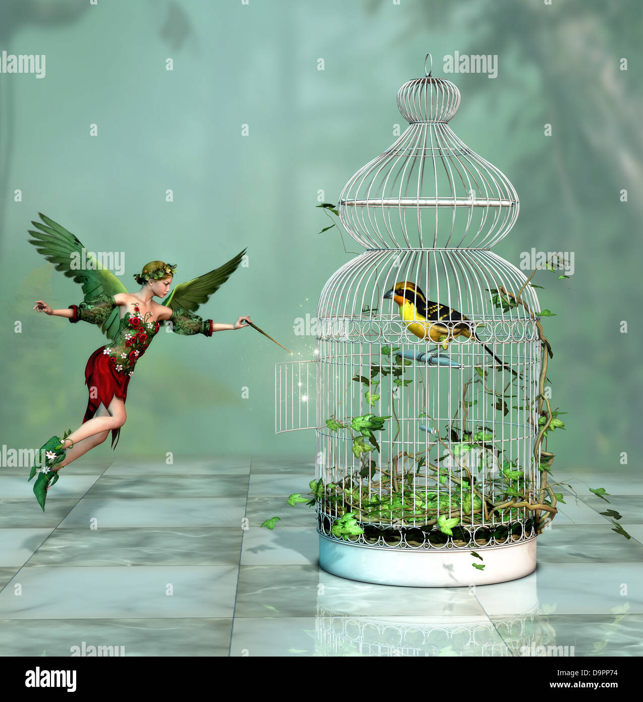a fairy freed a bird out of the cage 3d Computer Graphics Stock Photo ...