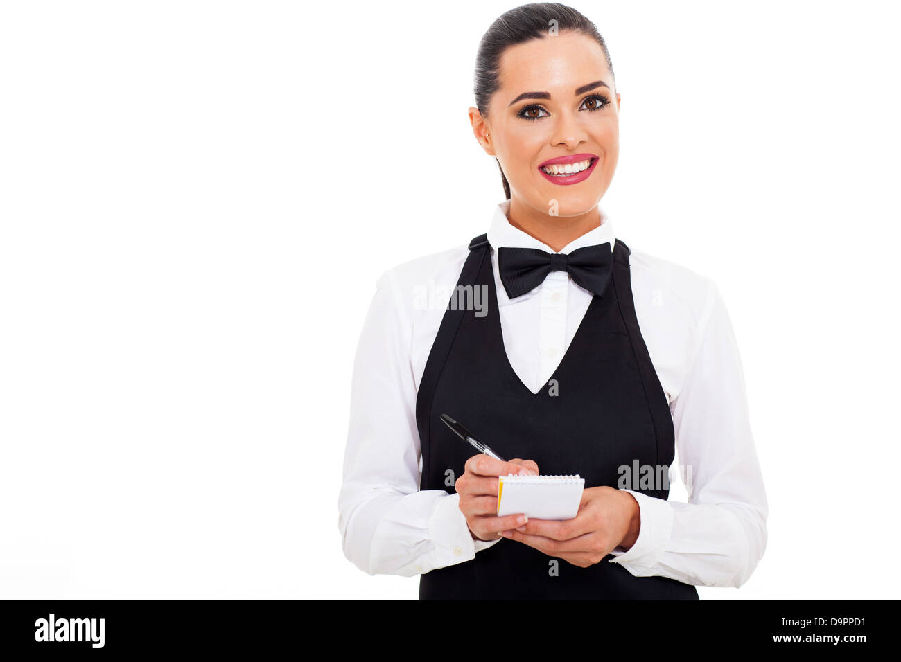 friendly waitress taking customer order with notepad Stock Photo - Alamy