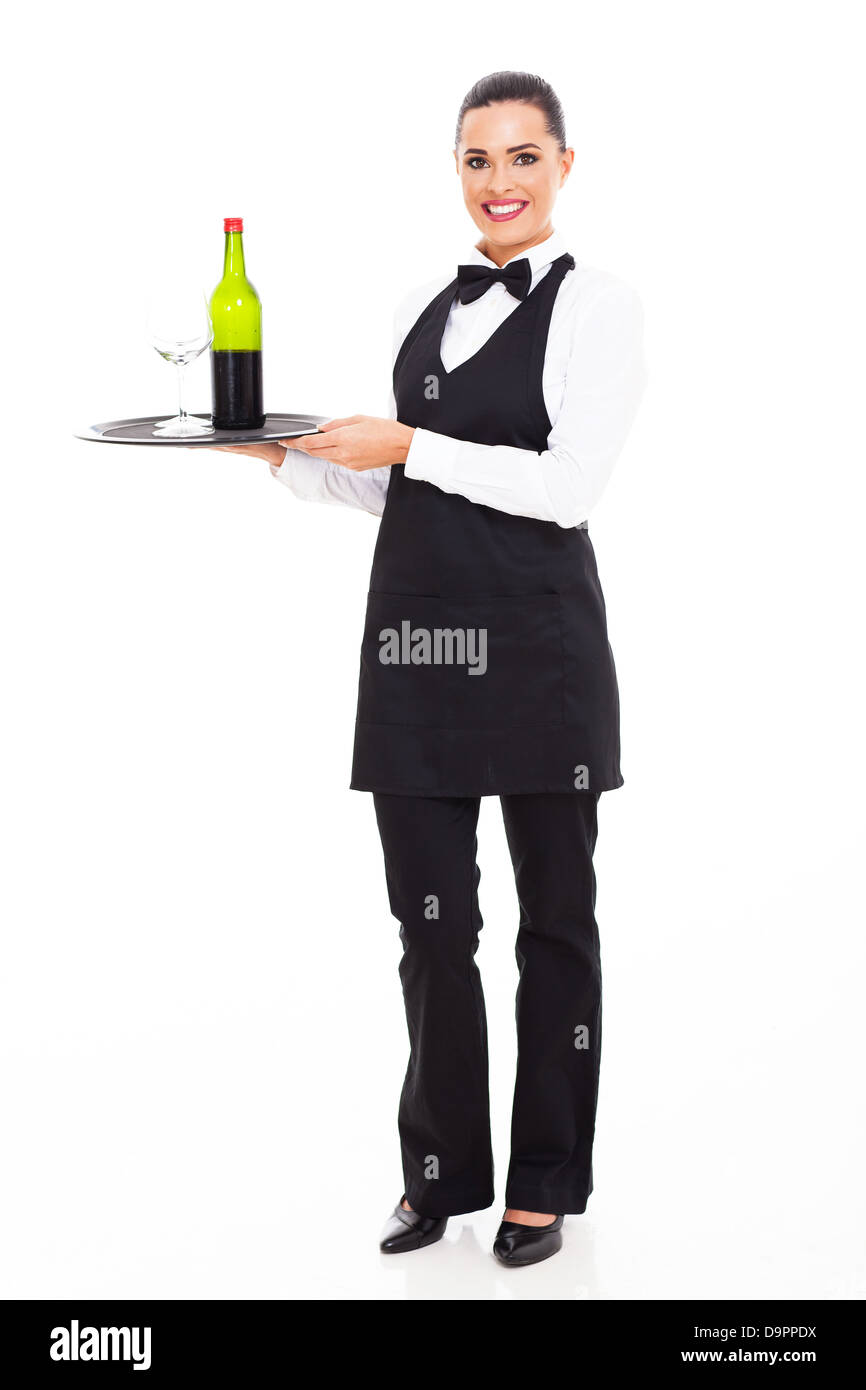 pretty waitress sommelier with tray of wine and glass Stock Photo - Alamy