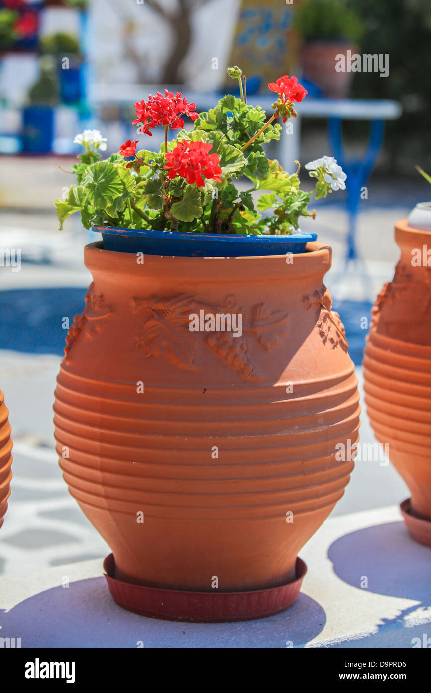 traditional greek red flowerpot with flowers ,Santorini island,Greece ...