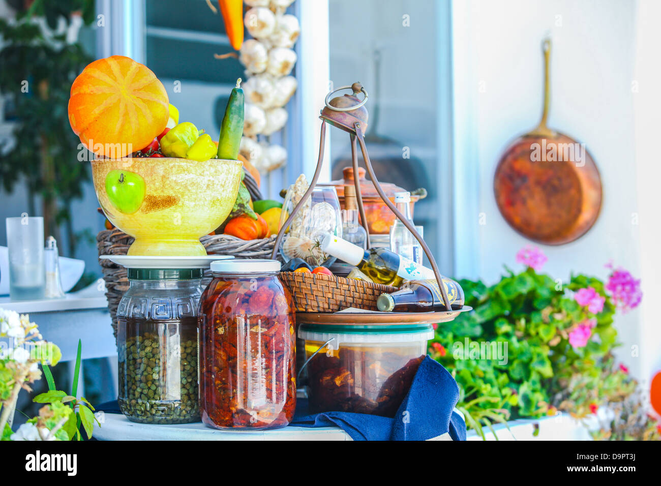 Traditional Greek food on the shop bench in Santorini, Greek Stock ...