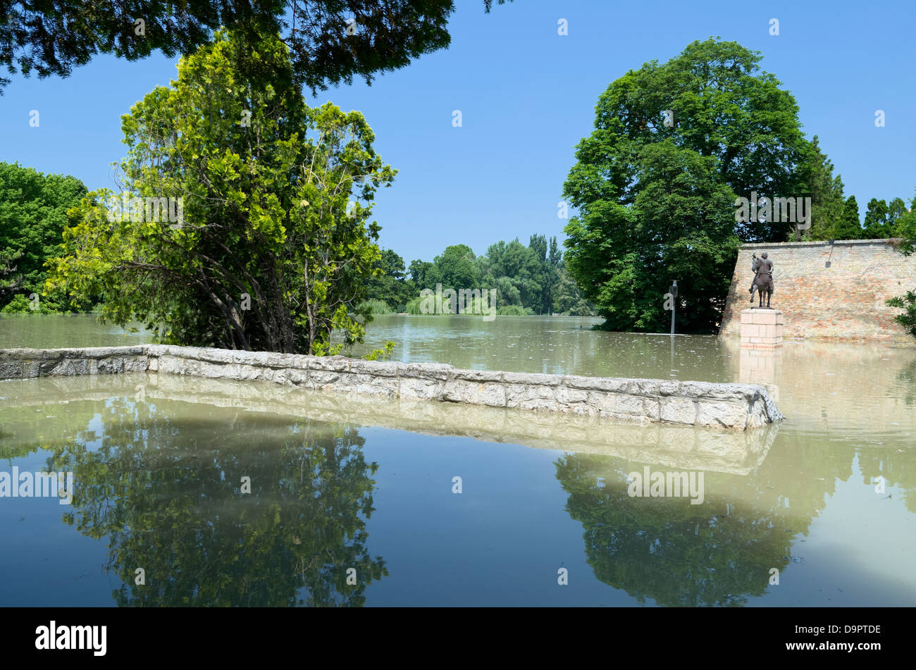 Flooding Raba River at Bishop Castle Walls in Gyor, Hungary Stock Photo ...