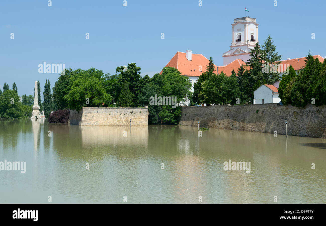 Flooding Raba River at Bishop Castle Walls in Gyor, Hungary Stock Photo ...