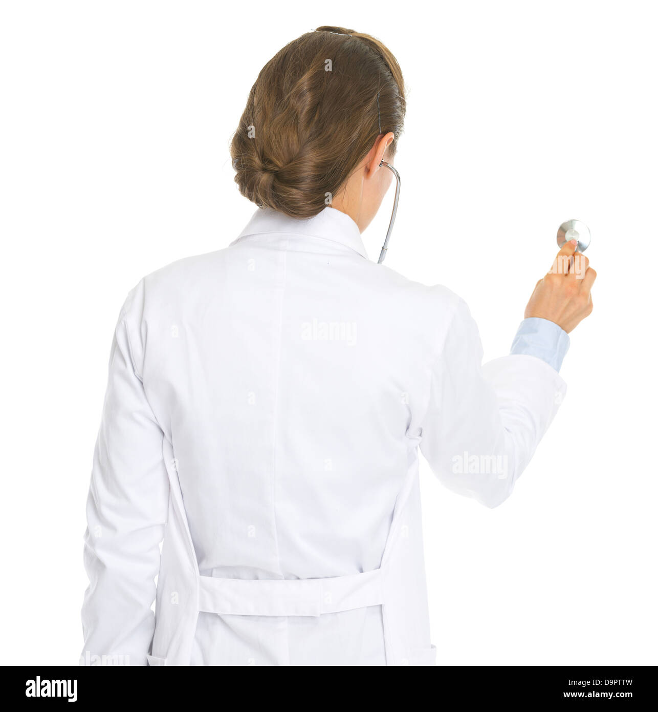 Doctor woman using stethoscope . rear view Stock Photo - Alamy