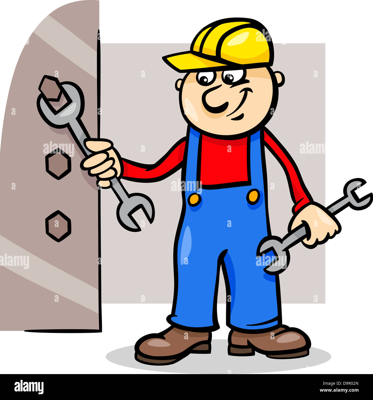 Cartoon Illustration of Man Worker or Workman Screw Down a Bolt with ...