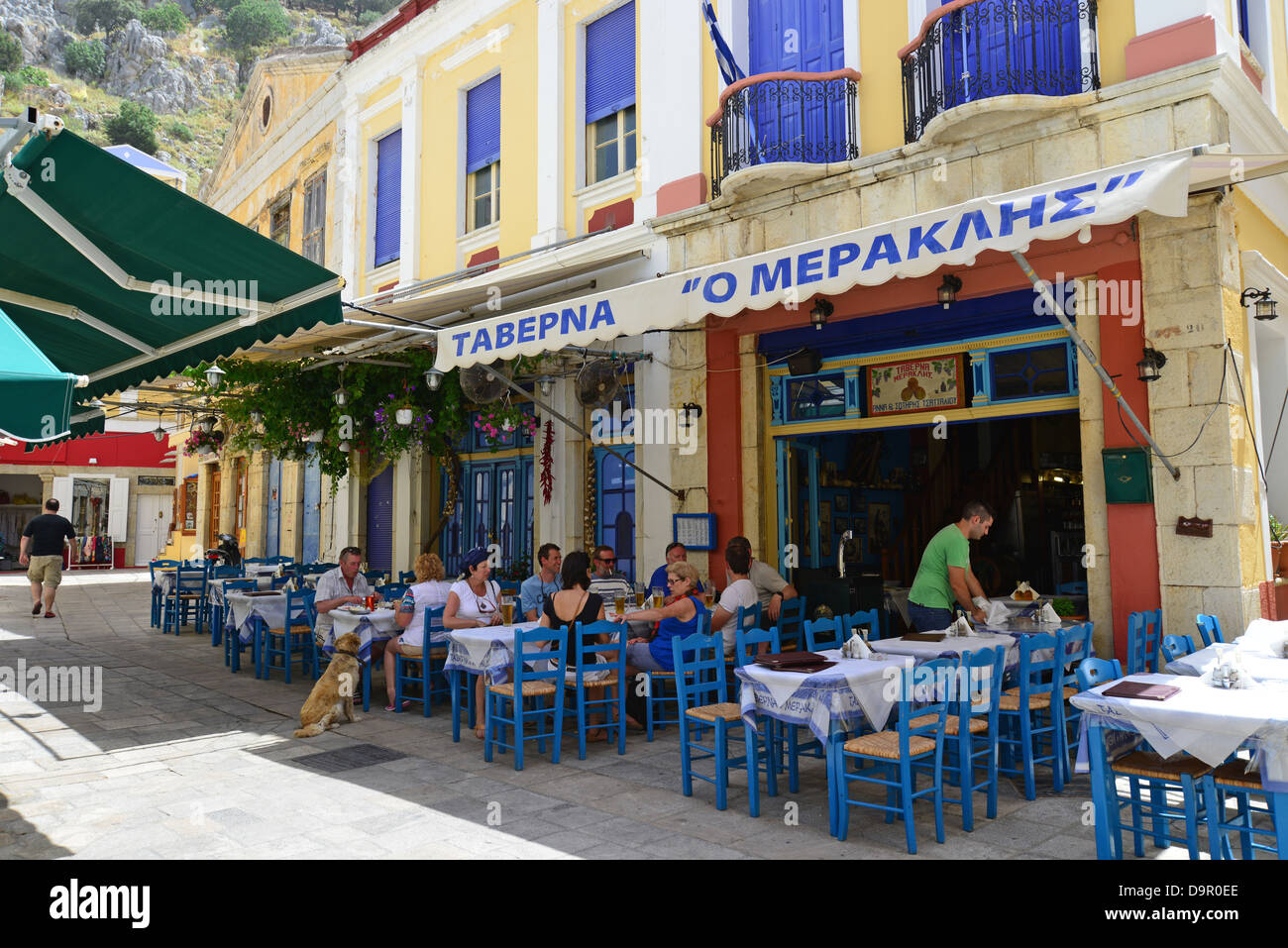 Waterfront restaurant, Symi Harbour, Symi (Simi), Rhodes (Rodos) Region ...