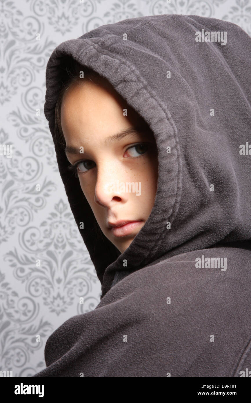 Native American Lakota Sioux Indian boy wearing a hooded sweatshirt ...