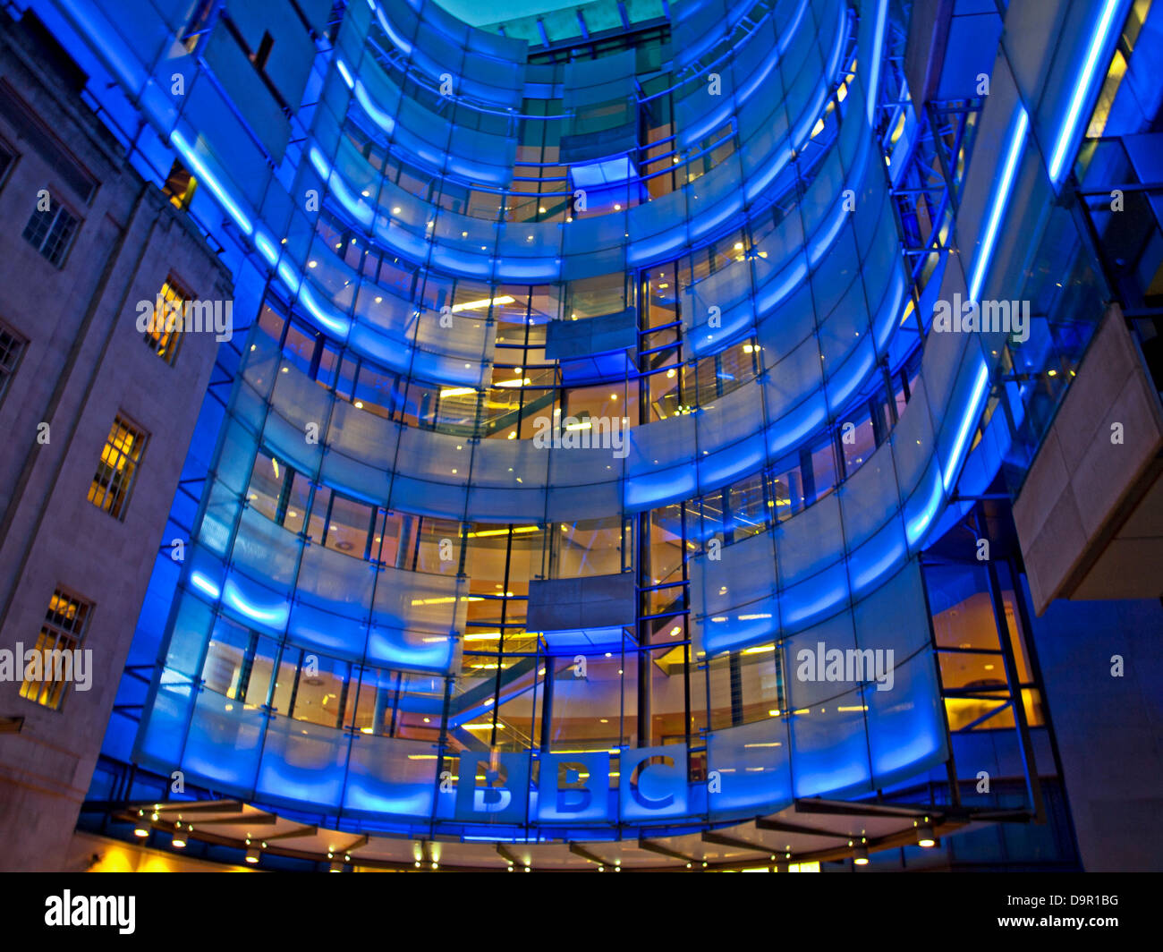 Facade of the new BBC Broadcasting House East Wing at night, Langham ...
