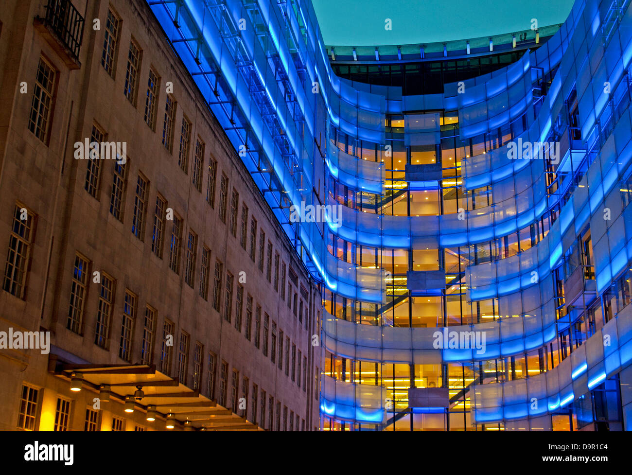 Facade of the new BBC Broadcasting House East Wing at night, Langham ...