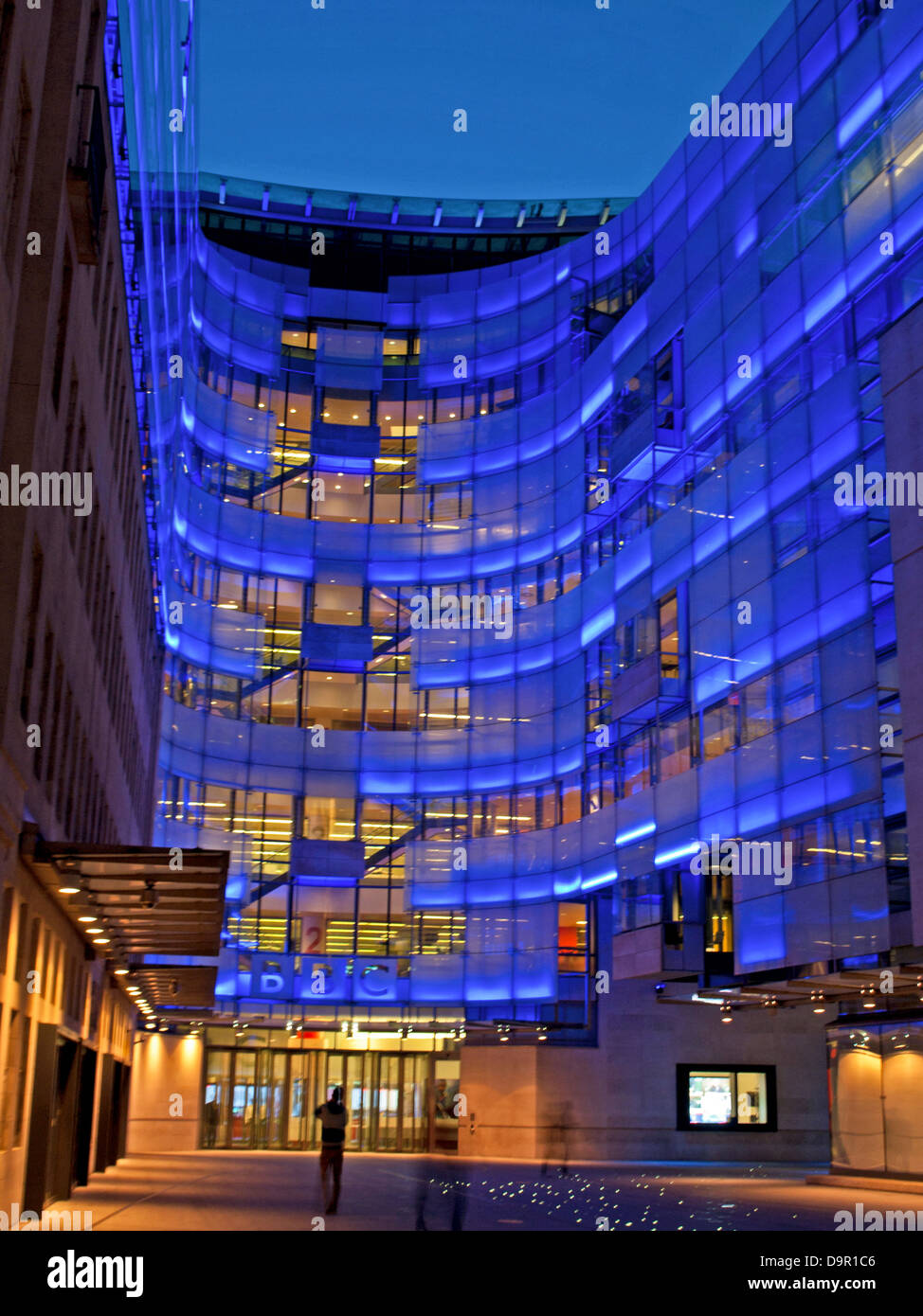 Facade of the new BBC Broadcasting House East Wing at night, Langham ...