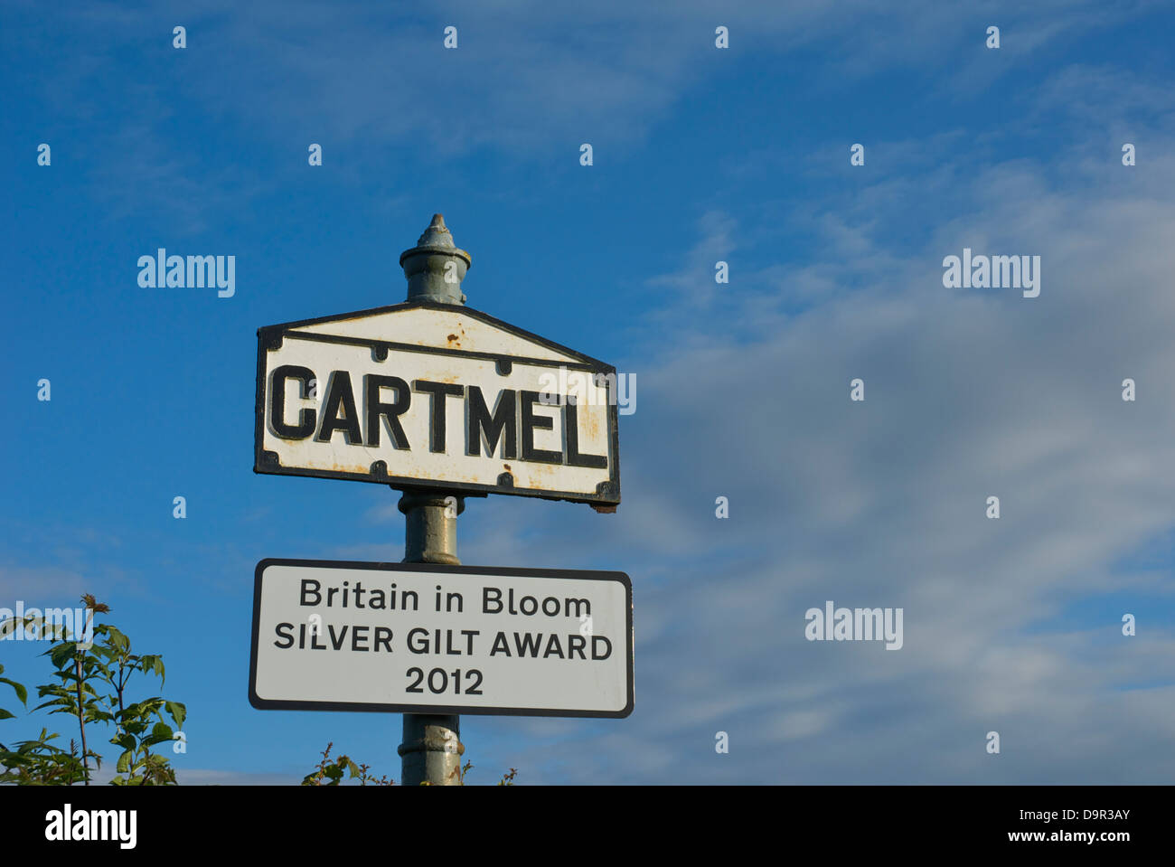 Road-sign for the village of Cartmel, South Lakeland, Cumbria, England ...